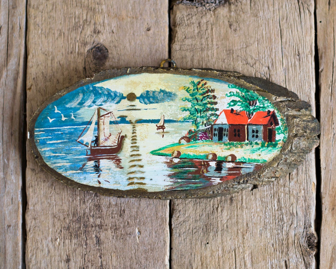 Vintage Hand Painted Landscape on Tree Slice, Wood Slab Decor, Picture ...