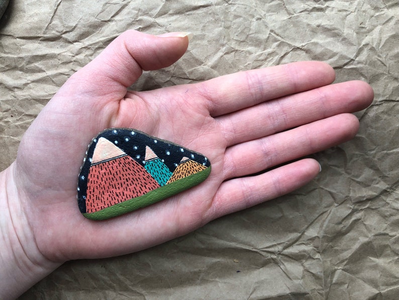Hand Painted Rock: Mountains at Night, Home Decor, Outdoorsy, Camping ...