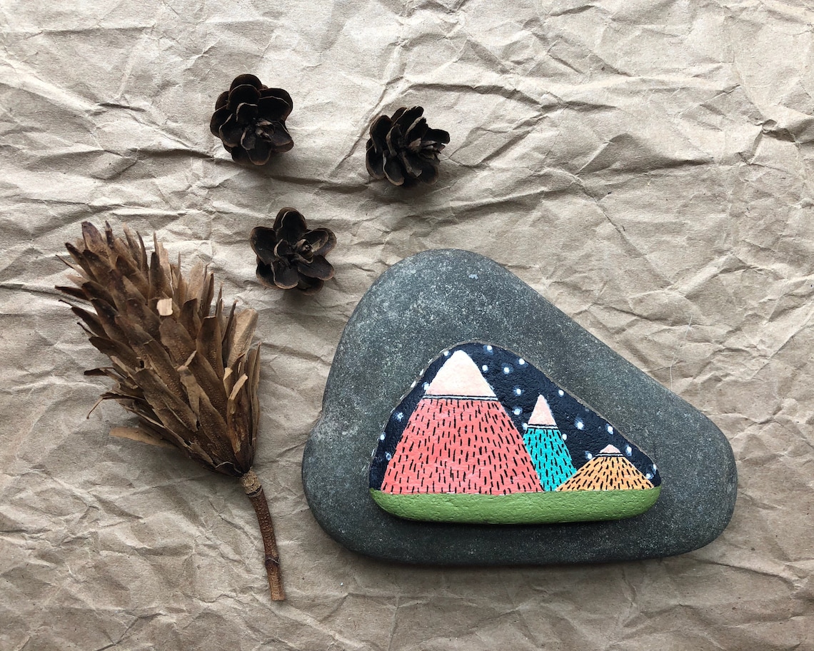 Hand Painted Rock: Mountains at Night, Home Decor, Outdoorsy, Camping ...