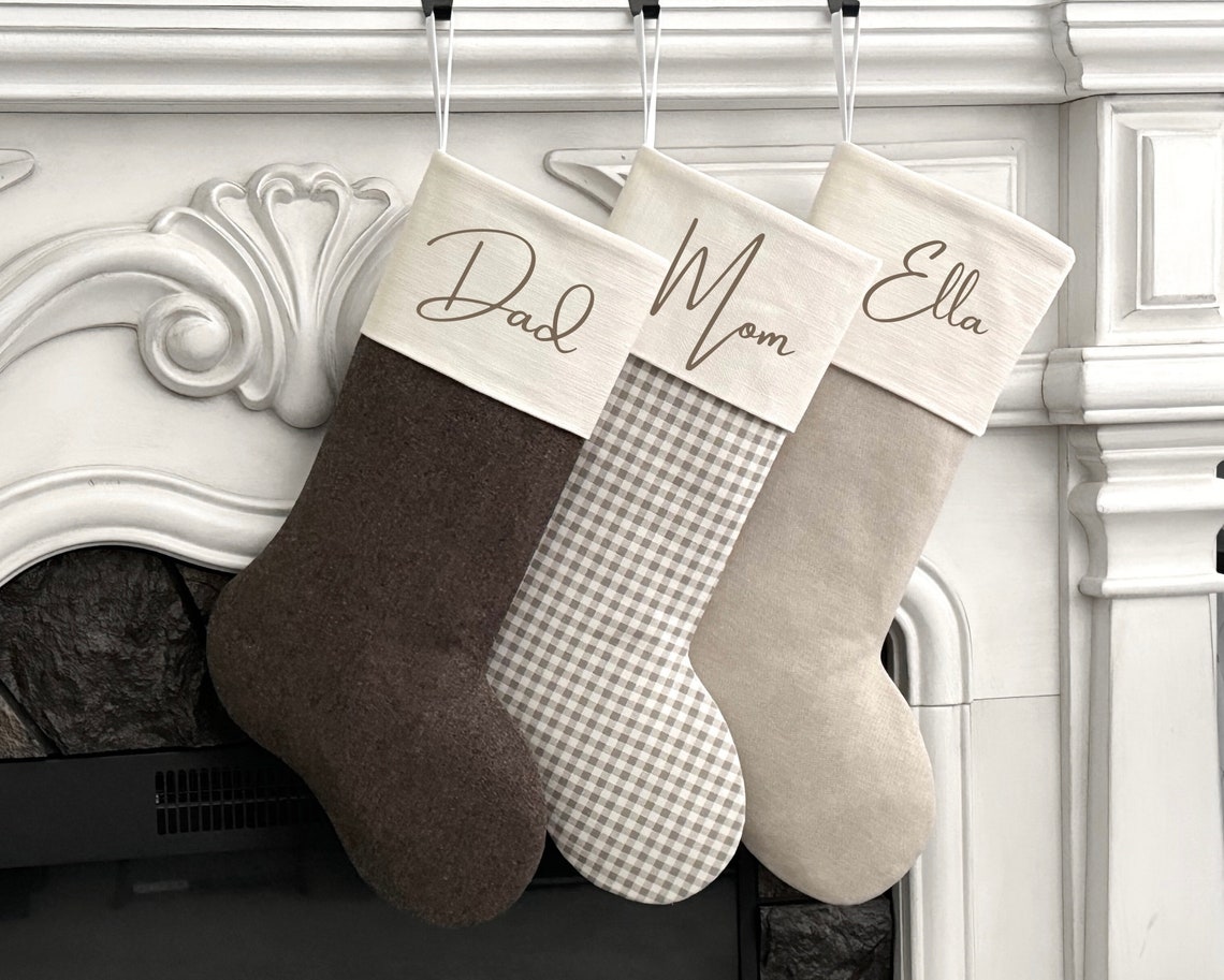 Personalized Christmas Stockings, Beige Christmas Stockings, Gingham ...