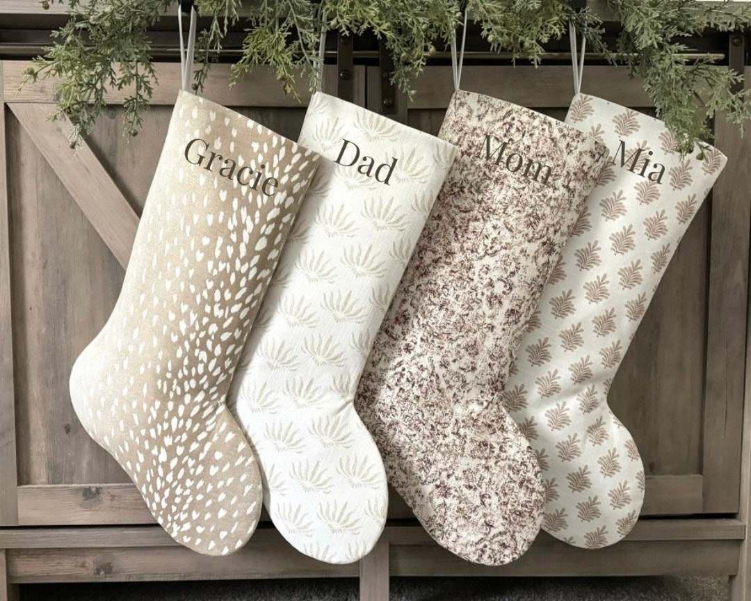 Personalized Beige Christmas Stocking: Block Print, Antelope Design - Etsy