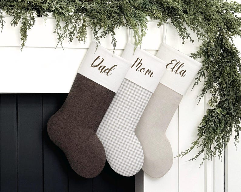 Personalized Christmas Stockings, Beige Christmas Stockings, Gingham ...