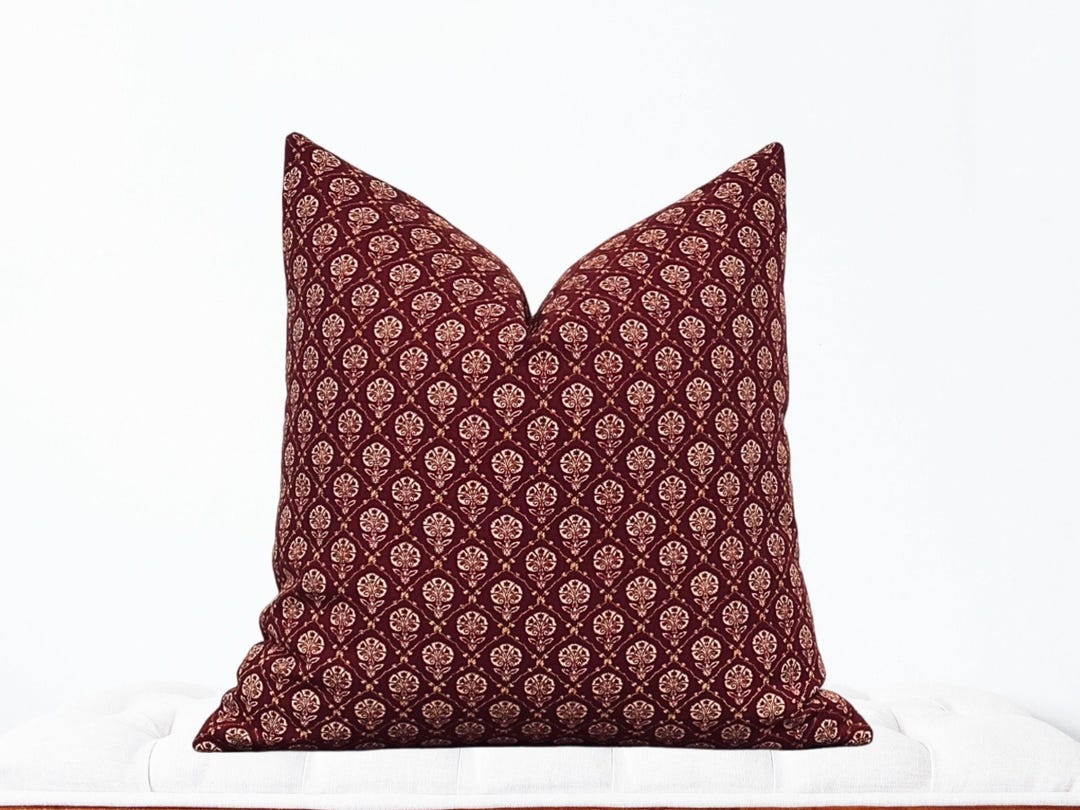 Block Print Pillow Cover Red Burgundy Floral Pillow, Burgundy Cream ...