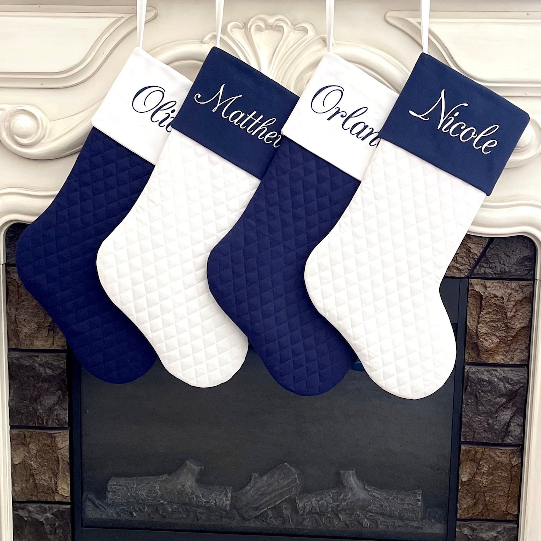 Personalized Quilted Christmas Stockings in Navy Blue and - Etsy