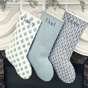 Blue Christmas Stockings, Linen Christmas Stockings, Blue and White ...