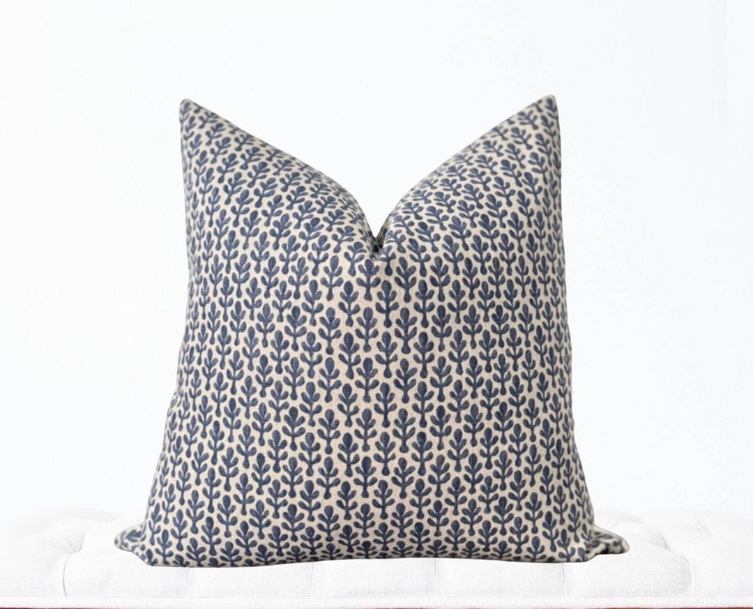 Blue Block Print Pillow Cover, Floral Pillow in Blue Beige, Block Linen ...