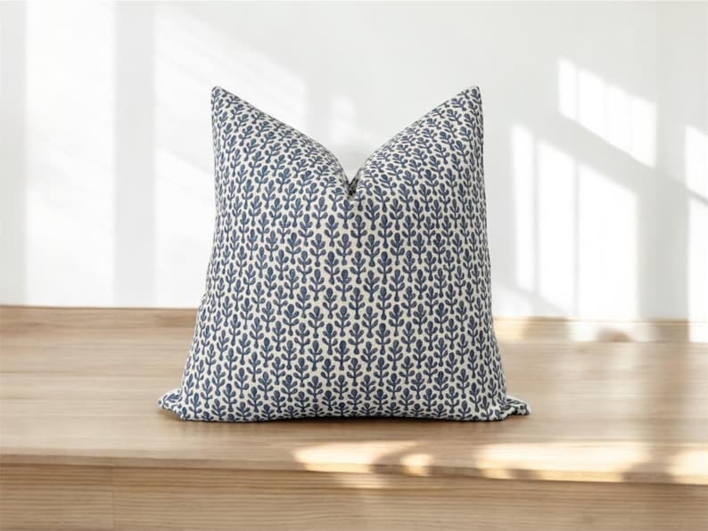 Blue Block Print Pillow Cover, Floral Pillow in Blue Beige, Block Linen ...