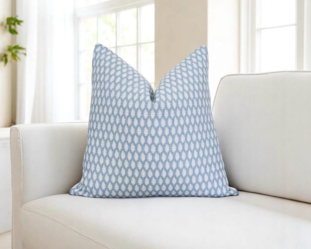Blue Block Print Pillow Cover, Blue Linen Pillow, Spring Pillow Cover ...