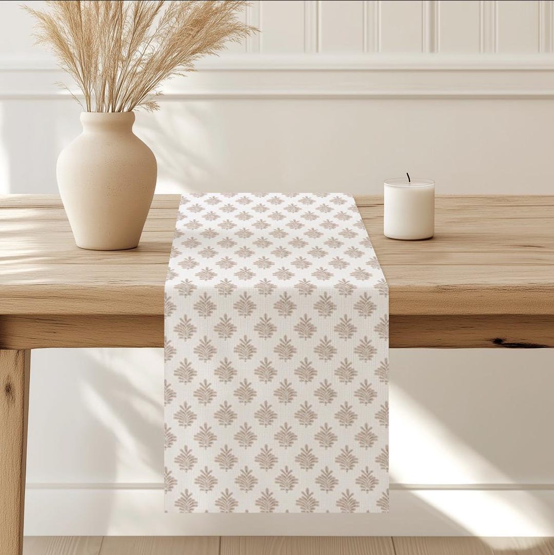 Block Print Table Runner, Modern Table Runner, Farmhouse Table Runner, Fall Table Runner, Beige ...