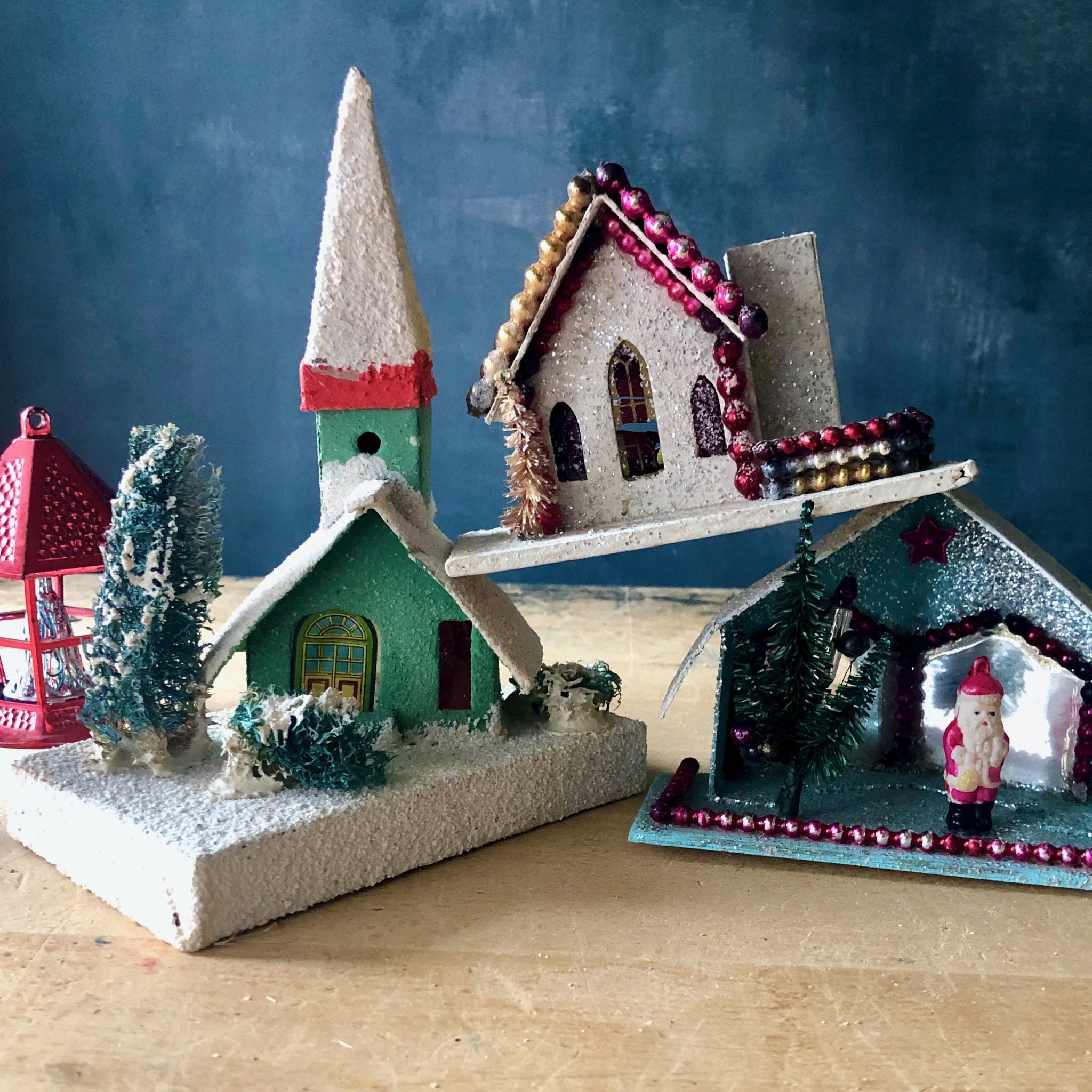 Vintage Putz Houses Brick Putz Houses Cardboard Christmas Glitter