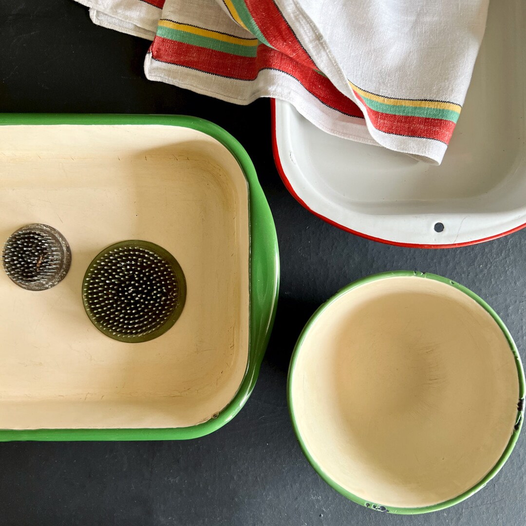 Vintage Porcelain Enamelware Kitchenware, Three Piece Enamelware ...