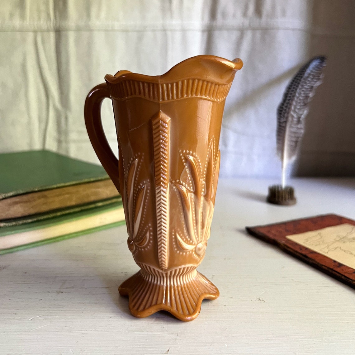 Antique Caramel Slag Glass Pitcher, Cactus Agave Pattern Pitcher ...