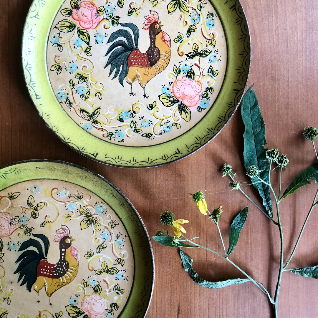 Vintage Paper Mache Rooster Plates, Hand Painted Rooster, ISCO Paper ...