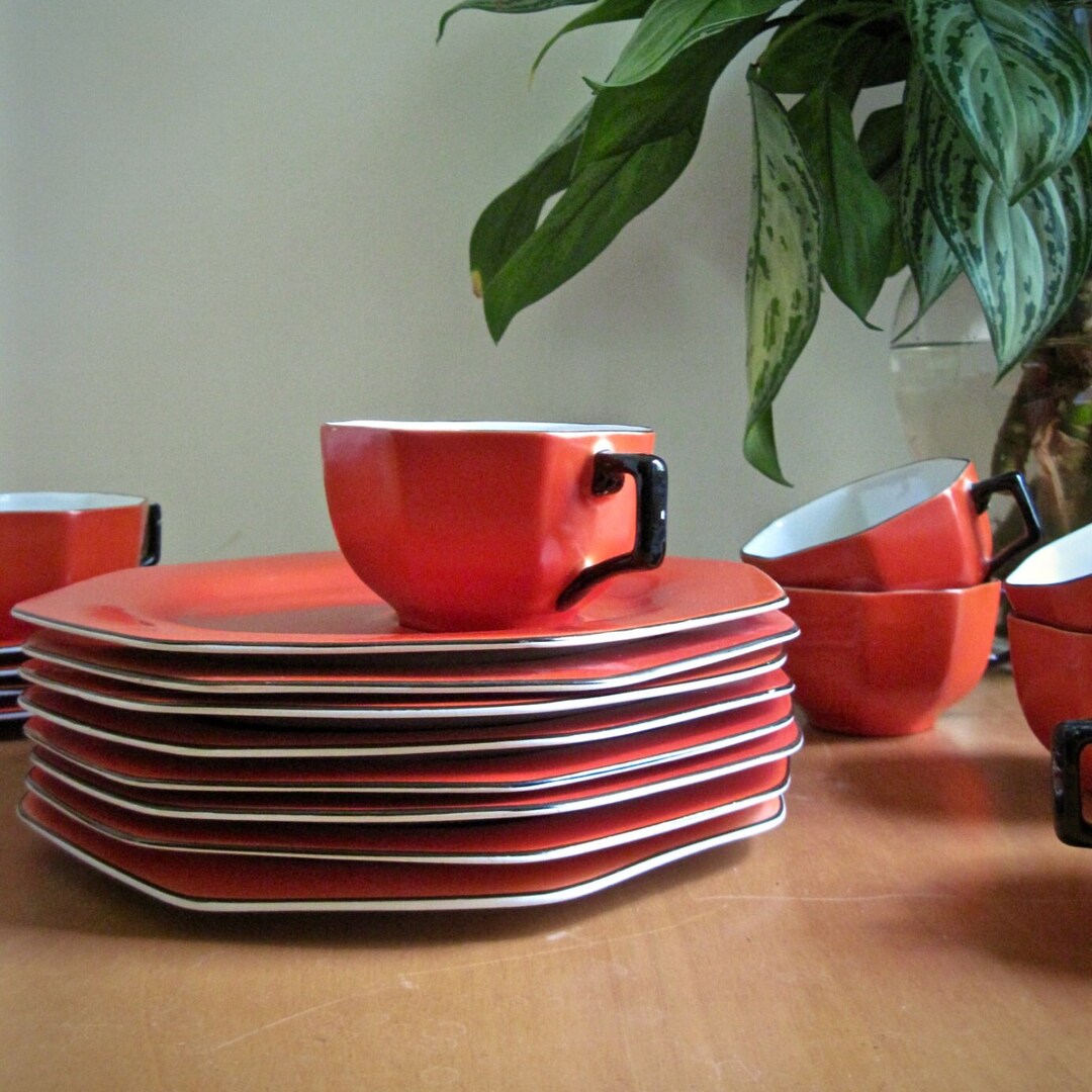 Vintage Red Snack Set, Antique Dishes, Vintage Dishes, Kitchen Plates ...
