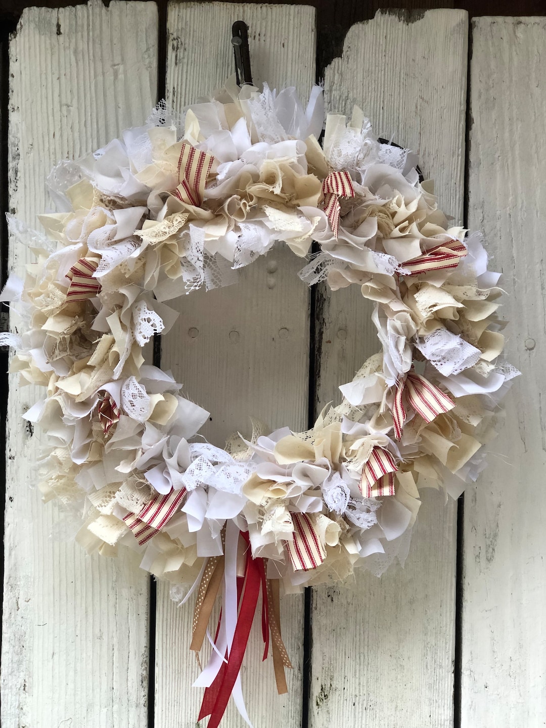 Red Ticking Muslin Lace Rag Wreath. Farmhouse Rag Wreath. 14 Inch Wire ...