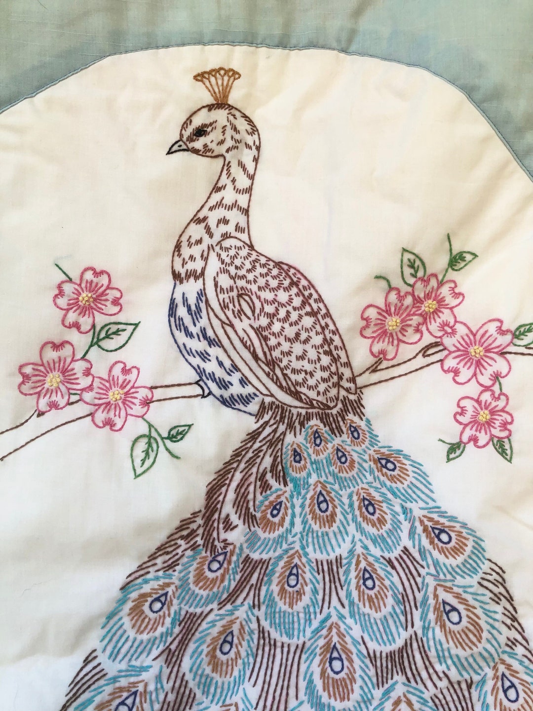 Vintage Embroidered Peacock Quilt. Blue and White Peacock Quilt - Etsy