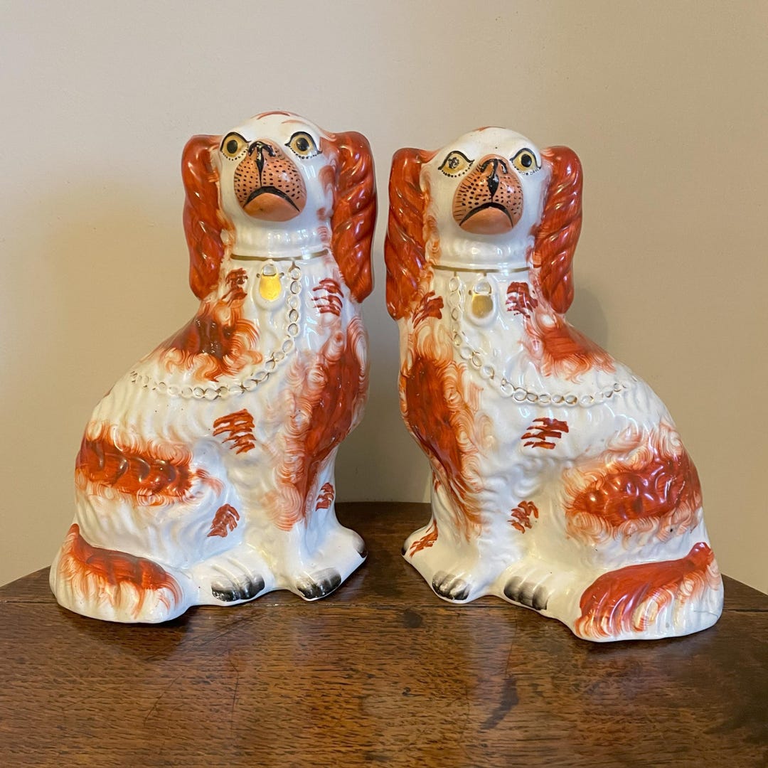 Antique Pair of Victorian Red and White Staffordshire Spaniel Figurines ...