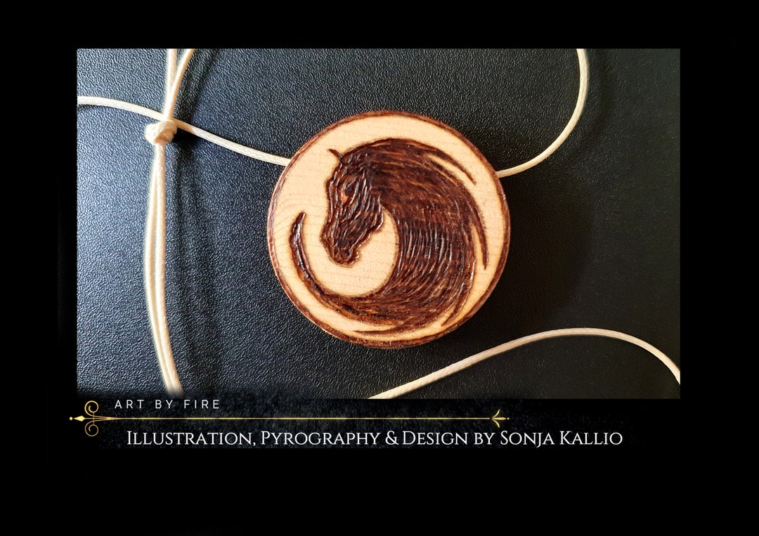 Cedar Wood Pendant Necklace – Pyrography Unicorn Design – Handmade ...