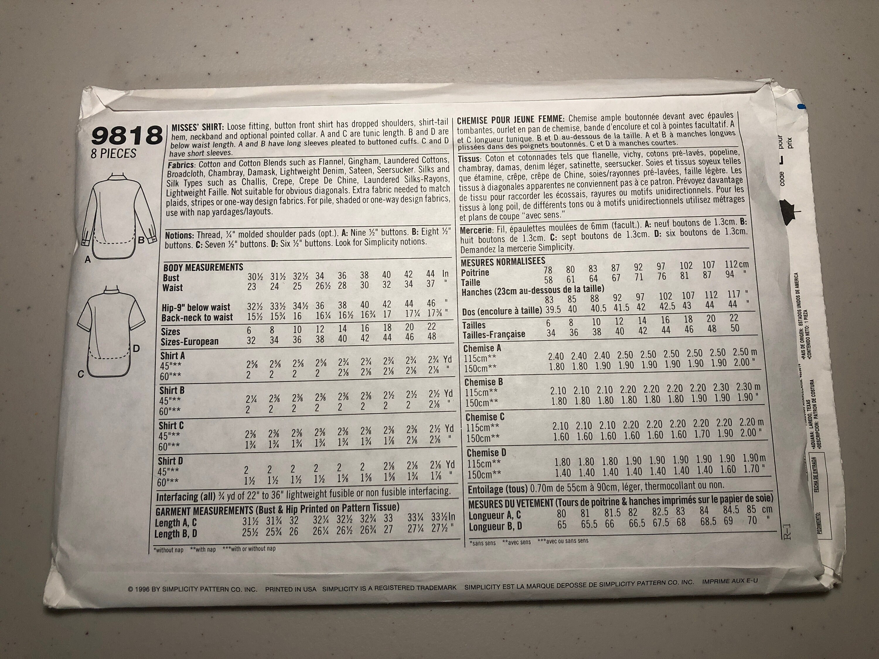 Vintage Simplicity 9818 Sewing Pattern Misses Shirt 1990s - Etsy