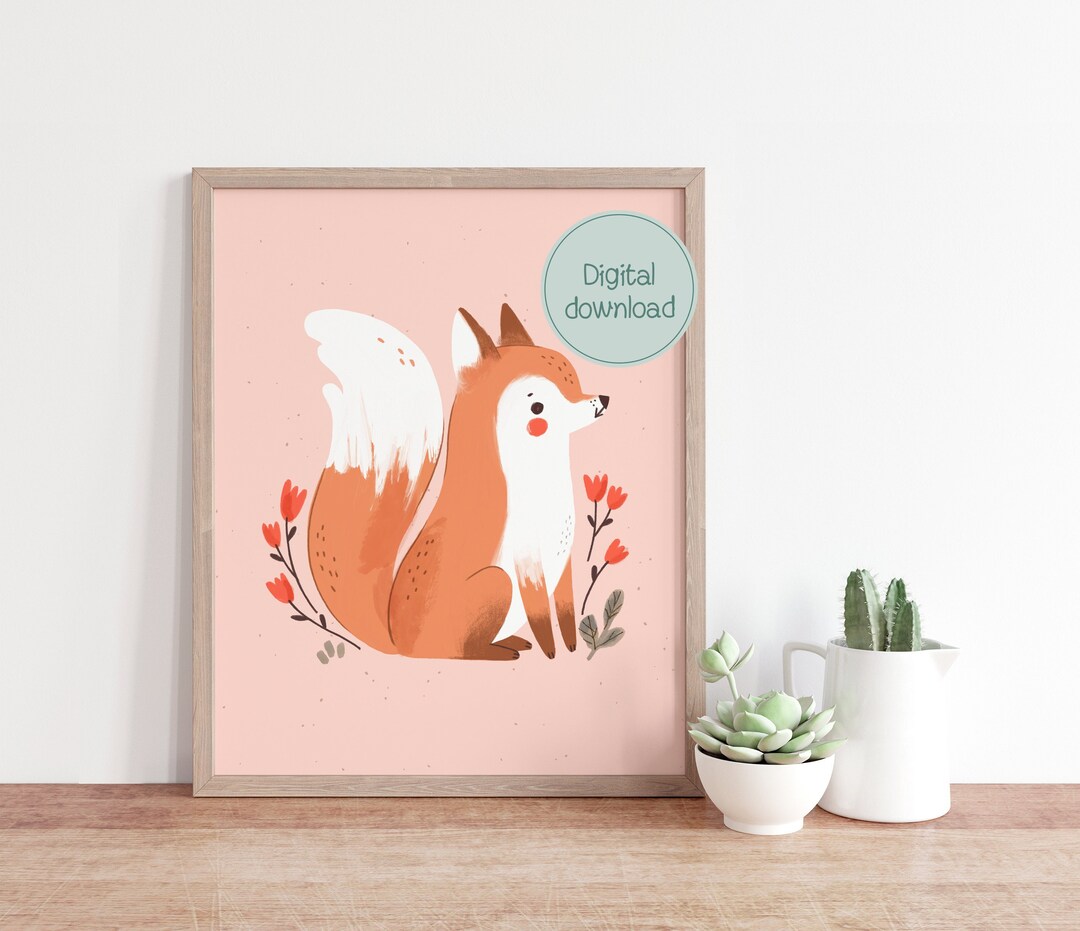 DIGITAL DOWNLOAD Pink Fox Wall Art Print, Nursery Art, Baby Fox Animal ...