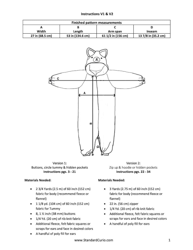 PDF Animal Onesie (kigurumi) Sewing Pattern - Teen/adult - V1 & V2 - Etsy