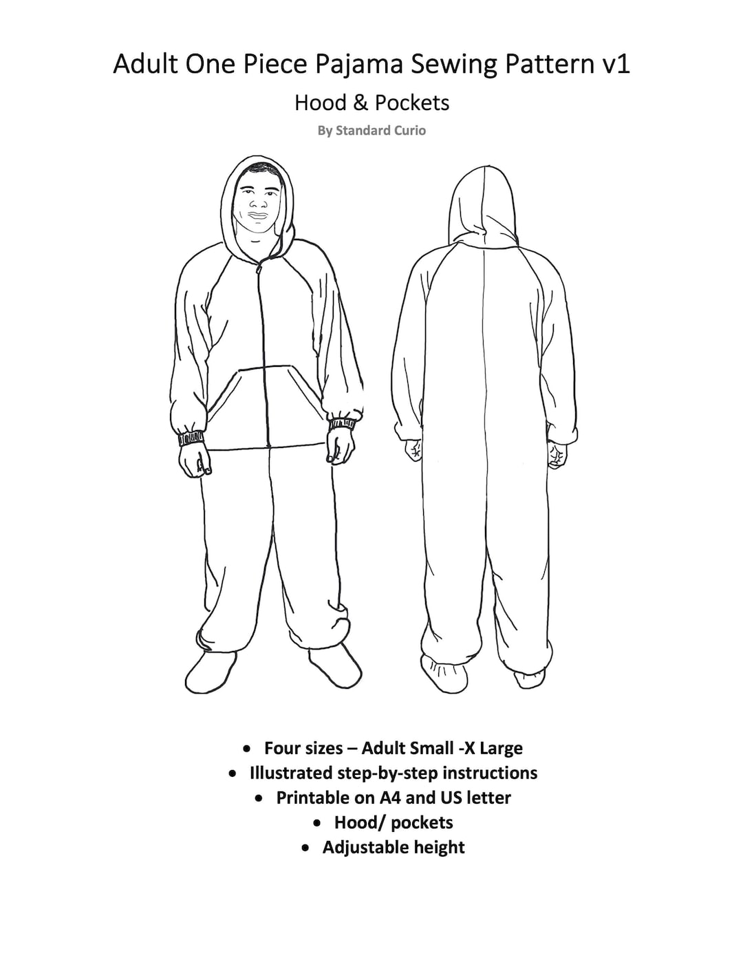 PDF Onesie Pajama Sewing Pattern - V1 Hood and Pockets - Adult Small ...