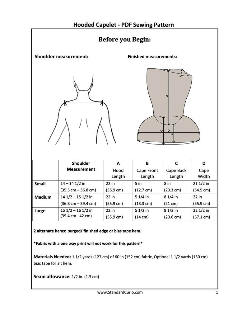 PDF Hooded Capelet Sewing Pattern - Adult - Small, Medium, Large - Etsy