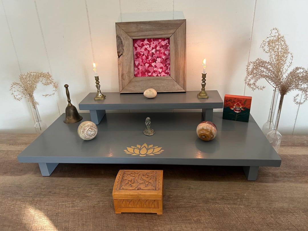 Handmade Meditation Altar Table With Gold Lotus, Reclaimed Wood - Etsy