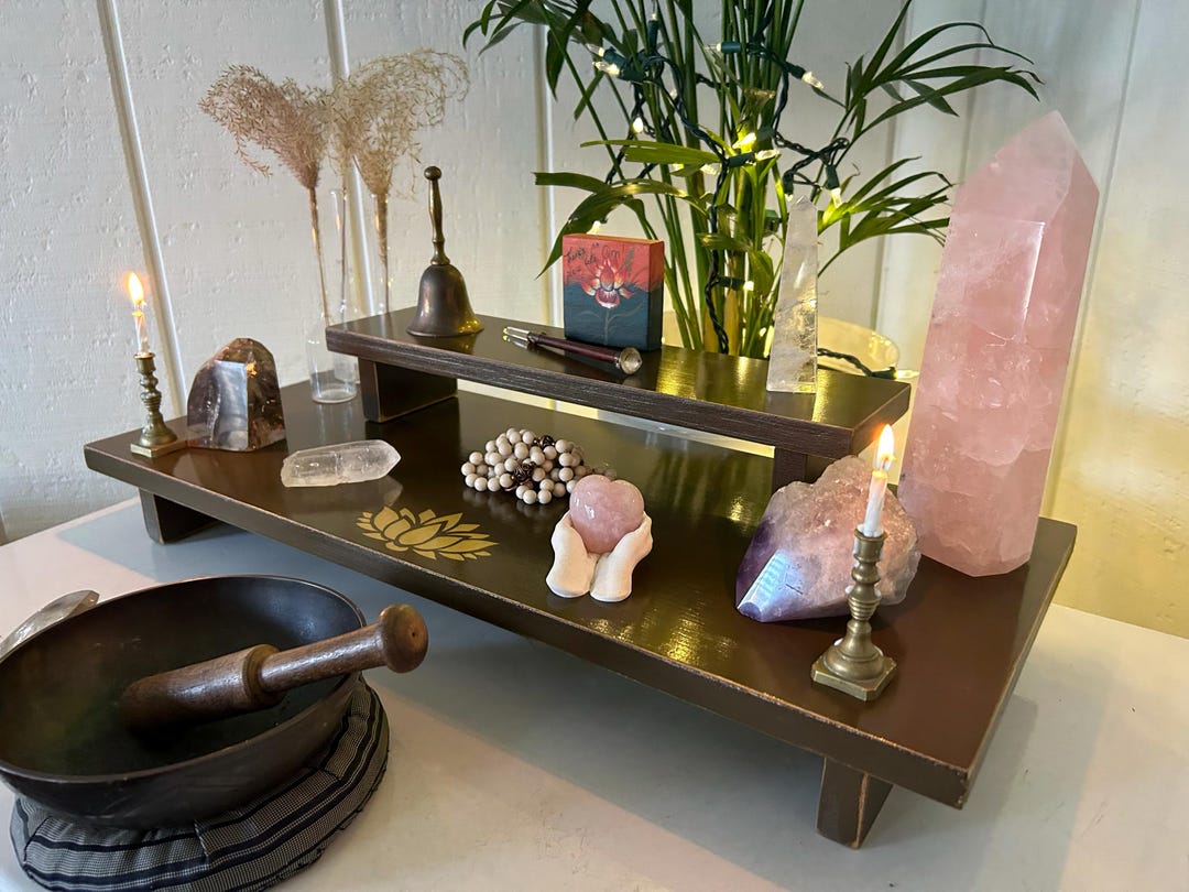Handmade Meditation Altar Table: Reclaimed Wood, Gold Lotus - Etsy