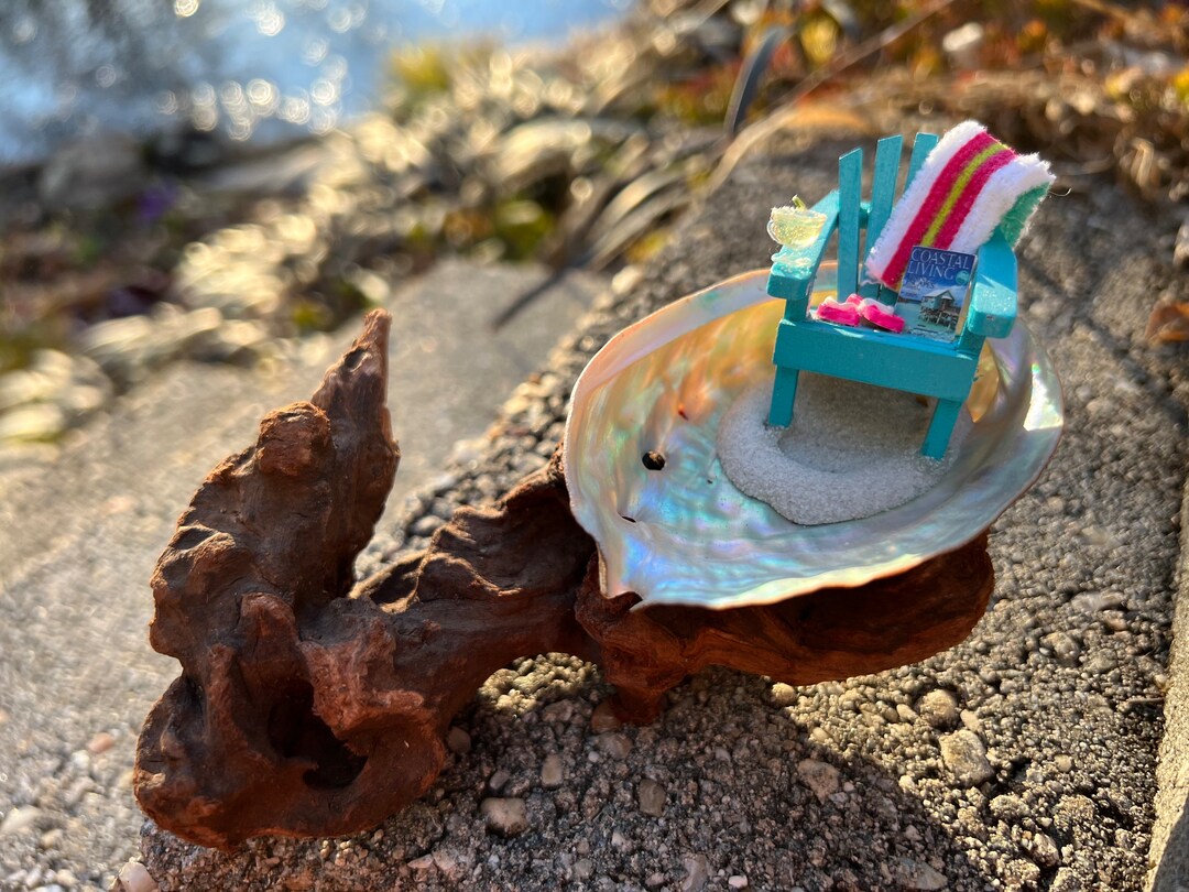 Beach Scene in Real Abalone Seashell With Beach Chair and Coastal ...