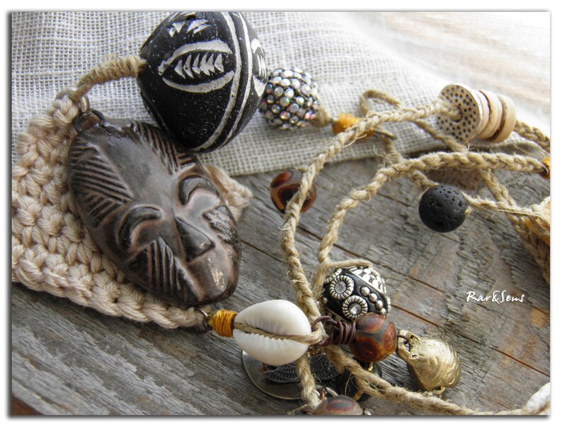 Long Tribal Necklace the Afrasie Nomad Mask Taupe - Etsy