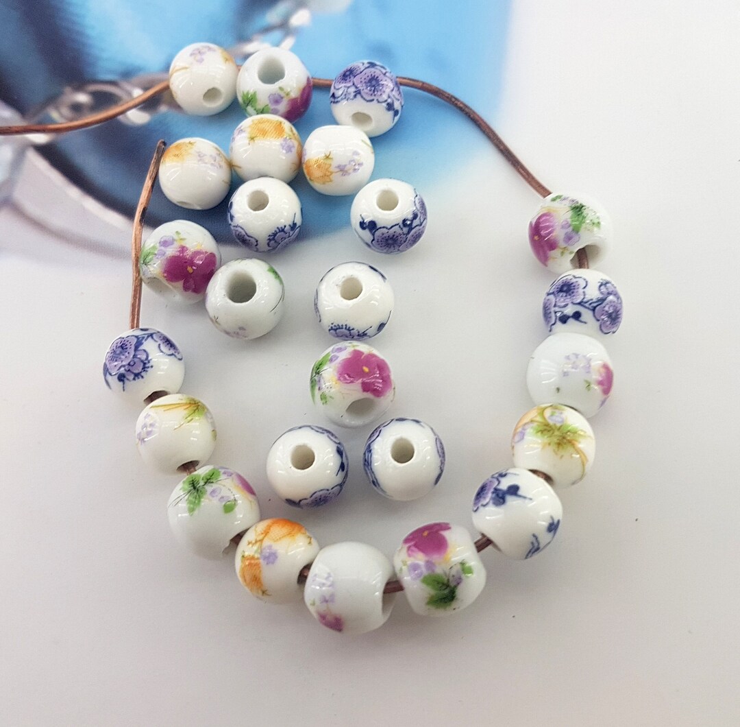 Floral Pottery Beads,8 Mm Flower Print Porcelain Beads,flower Decor ...