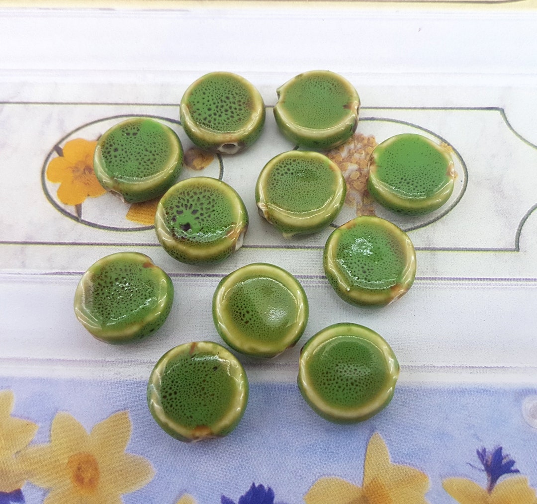 Green Flat Ceramic Beads,large Round Ceramic Bead,green Large Pottery ...