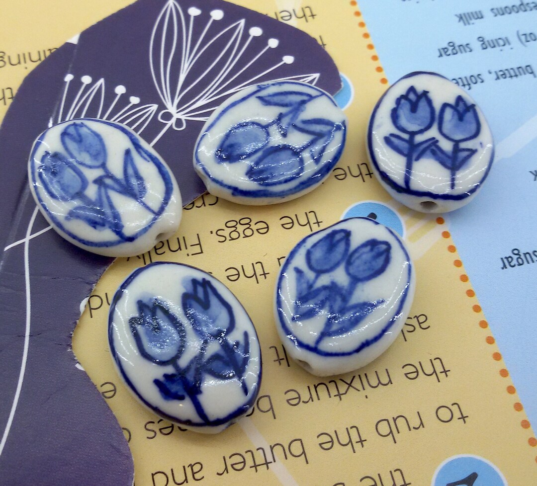 Blue Flower Ceramic Beads,hand Made Pottery Beads,decorative Flower ...