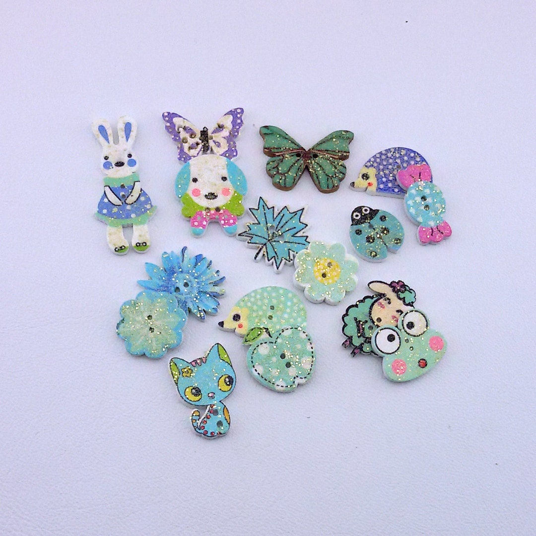 Animal Buttons,12 Wooden Buttons,blue Kids Buttons,scrap Booking ...