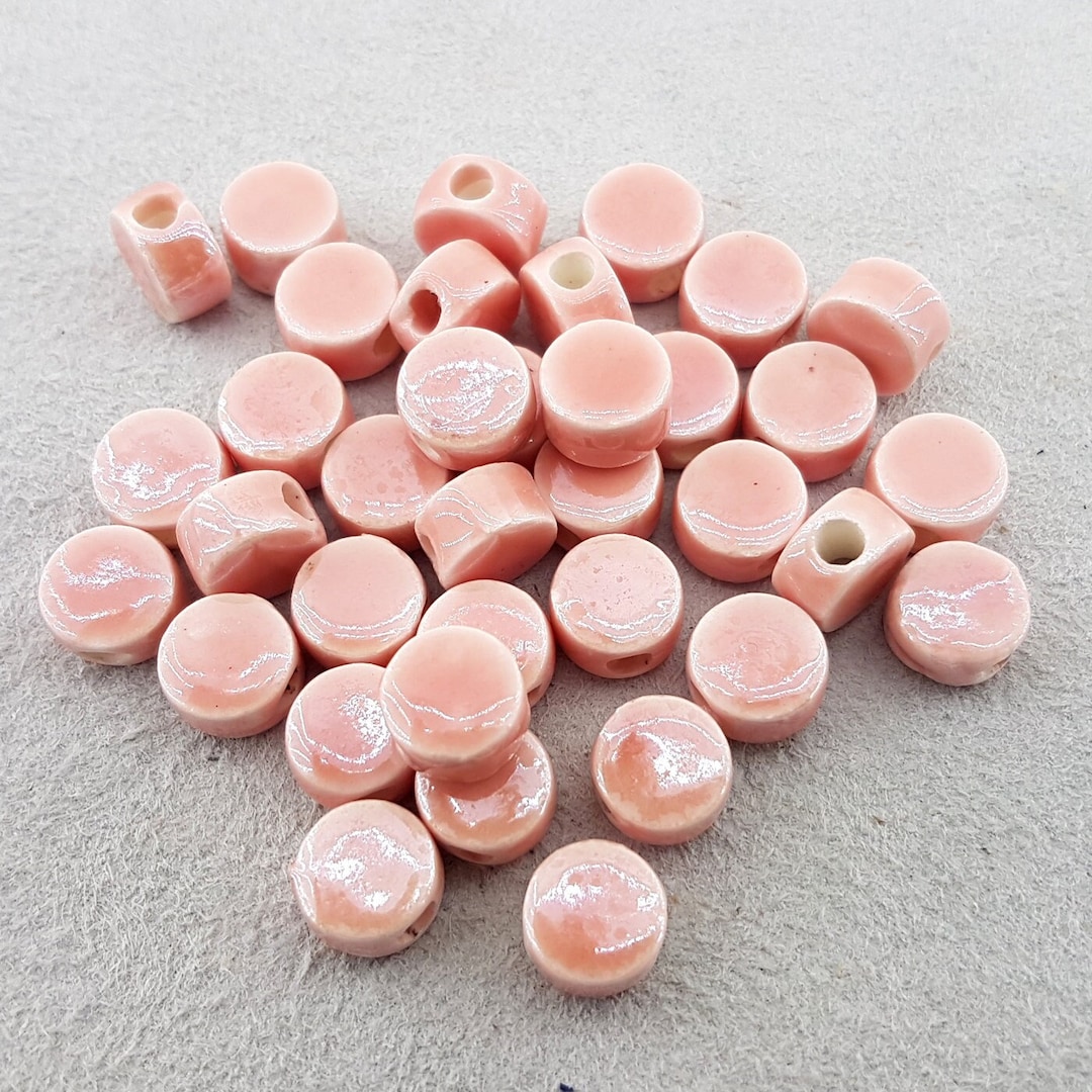 Small Flat Pink Porcelain Beads,pink Round Ceramic Beads,big Hole Pink ...