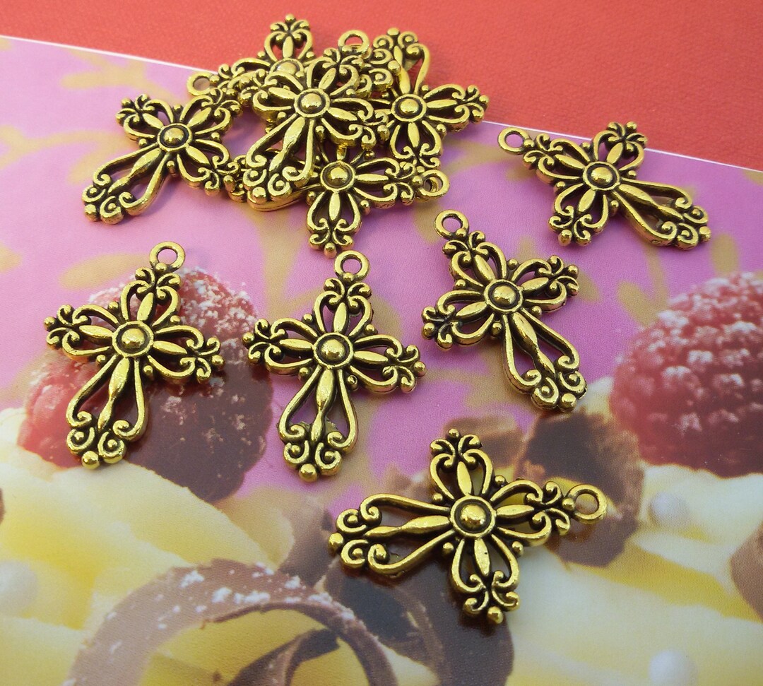 Antique Gold Tone Cross Charms,antiqued Patina Decorative Cross Charm ...