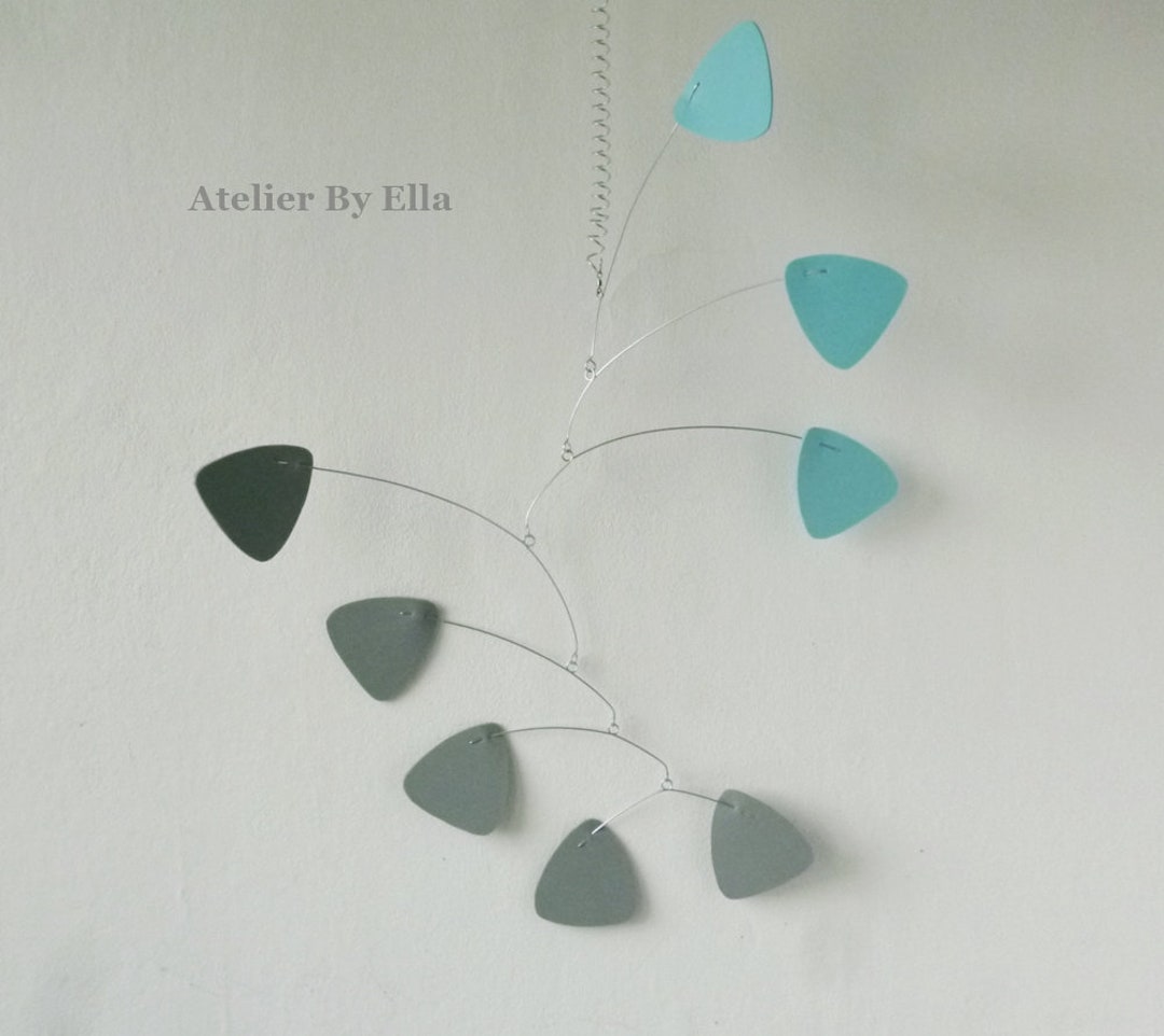 Hanging Mobile, Grey and Blue Triangles,kinetic Brightly Colored ...