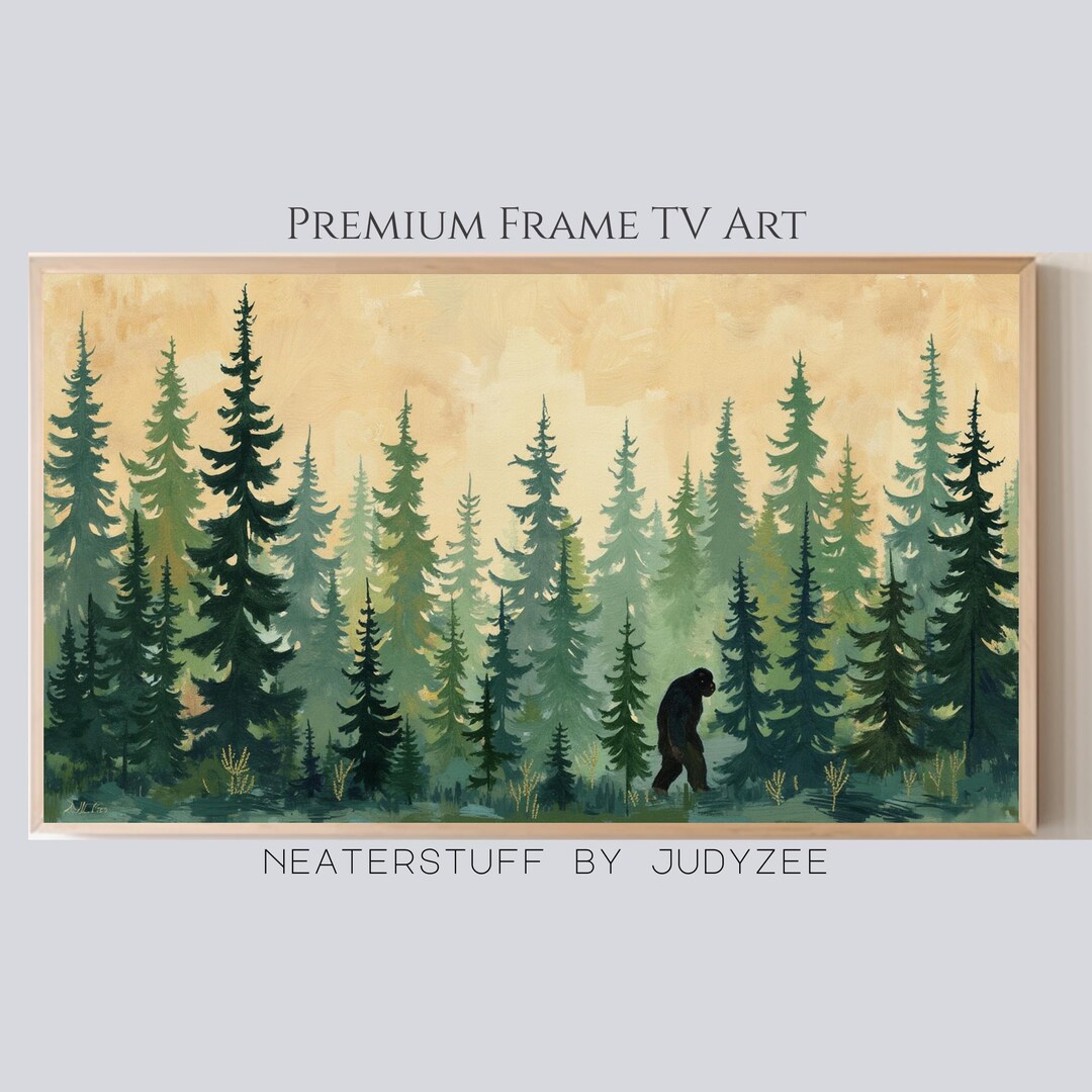 Moody Forest Sasquatch Frame TV Art, Rustic Woodland Decor, Autumn ...