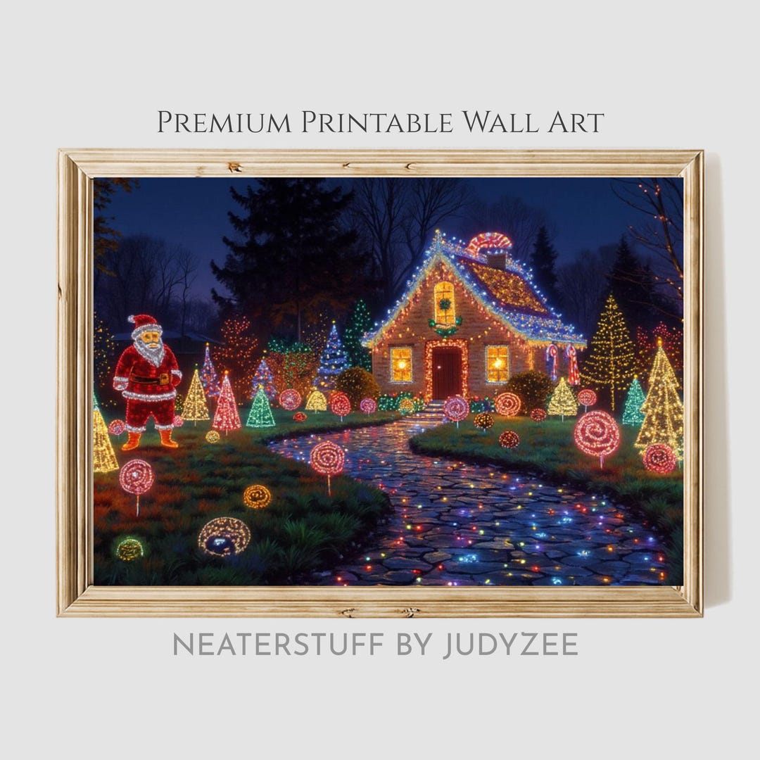 Rustic Christmas Lights Decorated Cottage With Santa, Printable Holiday ...