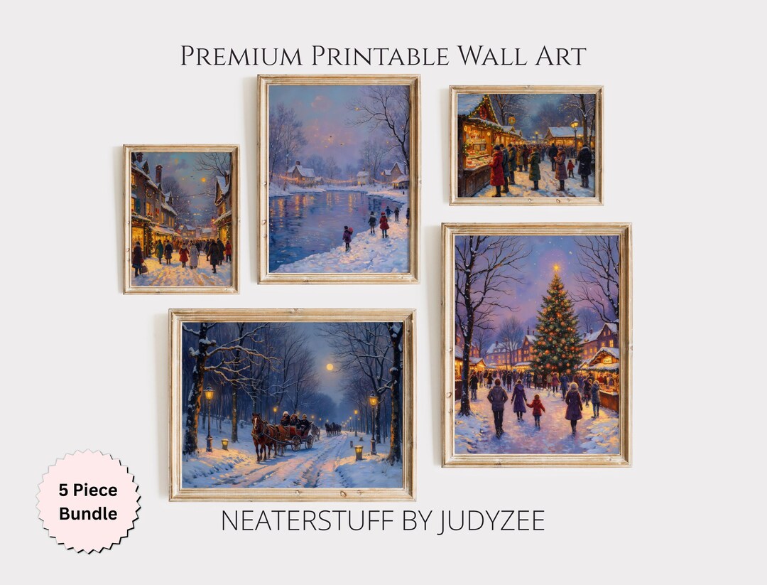 Classic Printable Christmas Art Bundle Set of 5, Cozy Holiday Street ...