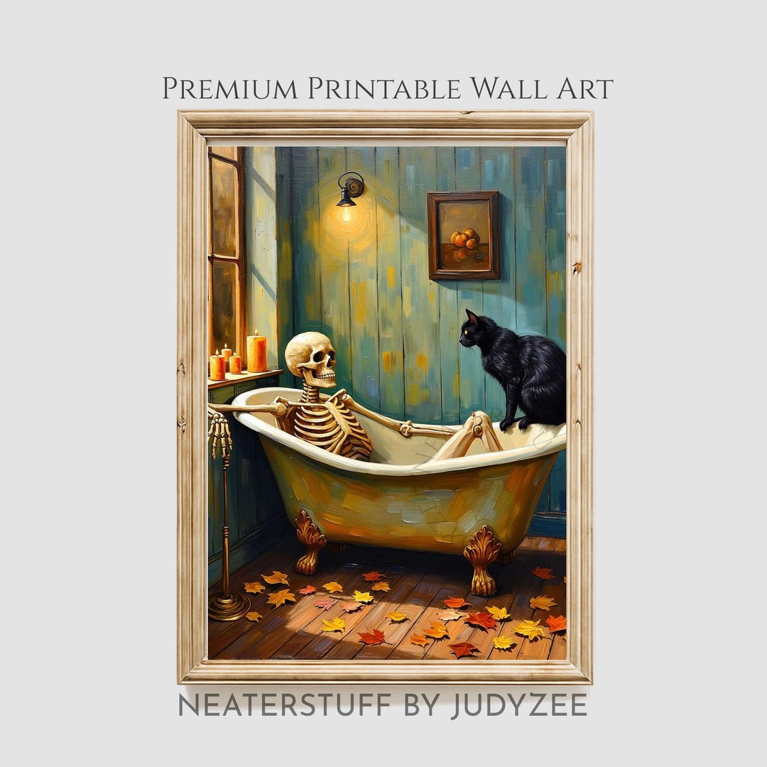 Printable Skeleton in Vintage Bathroom With Cat - Quirky Autumn Art ...