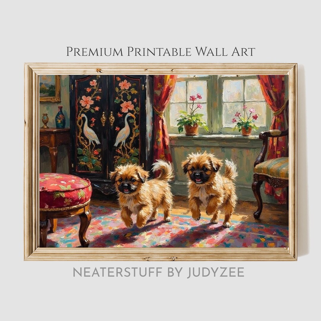 Charming Pekingese Puppies Printable Art - Vintage Pet Scene, Rustic ...