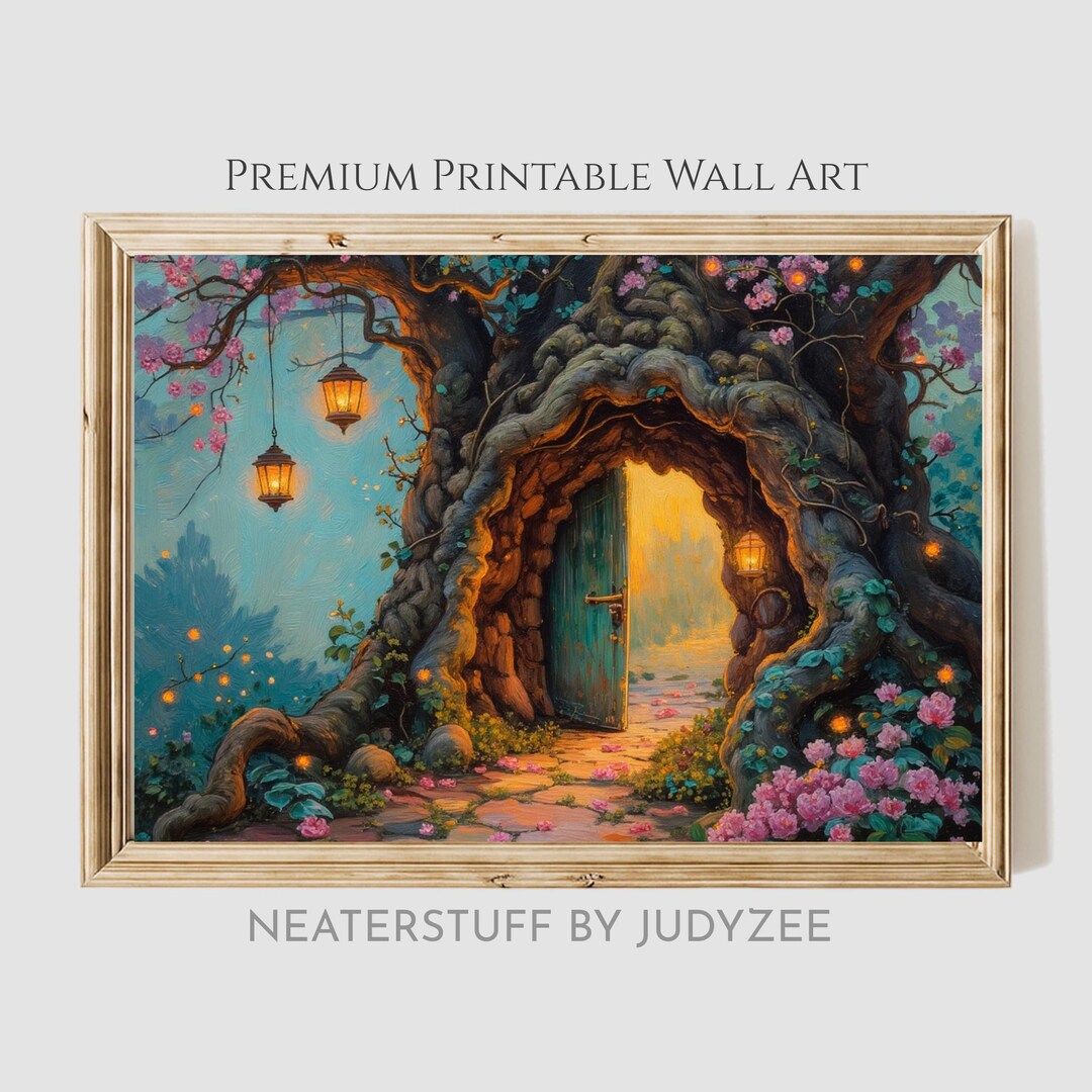 Rustic Treehouse Entrance Wall Art, Moody Storybook Fantasy Painting ...