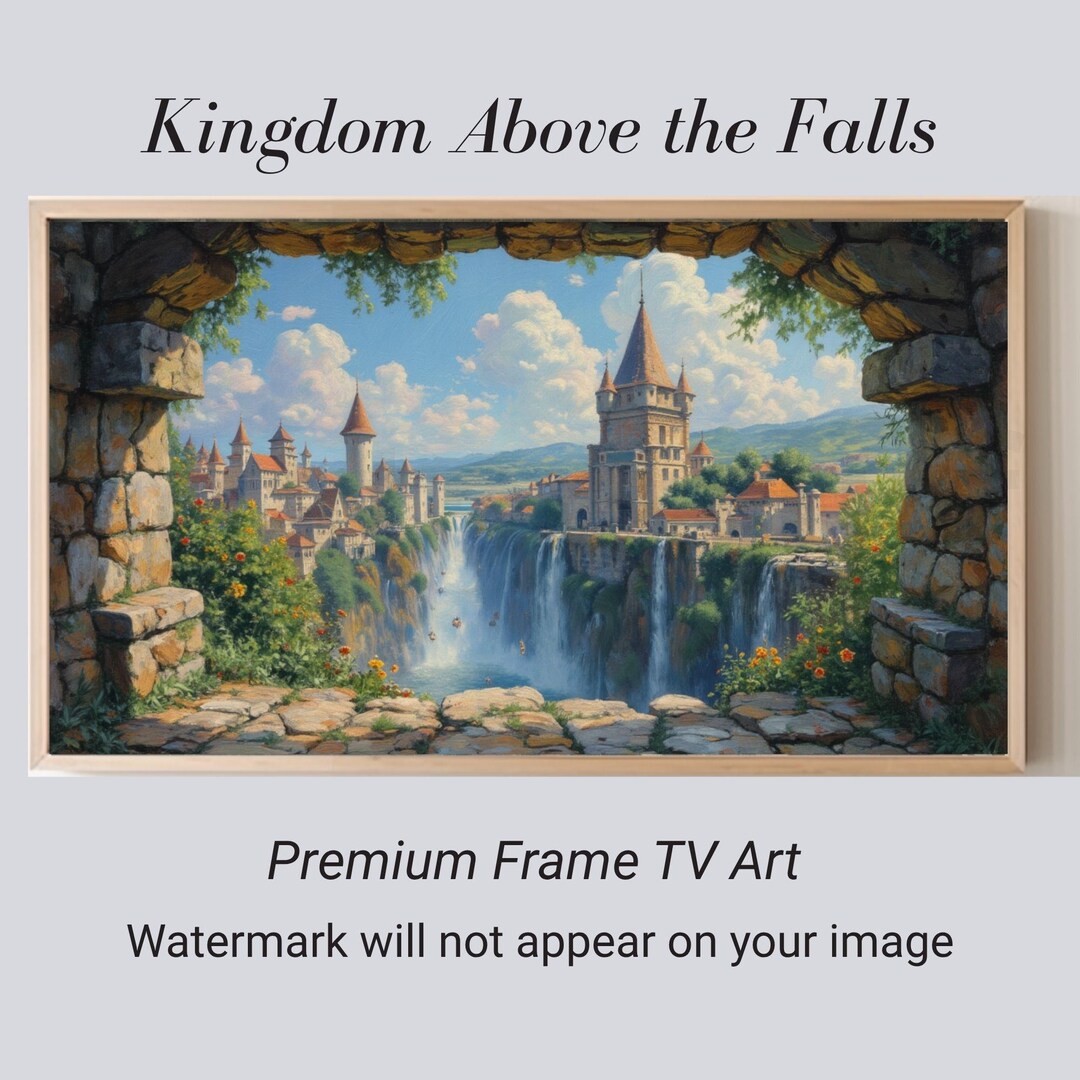 Fantasy Castle Waterfall City Frame TV Art, Medieval Kingdom Above the ...