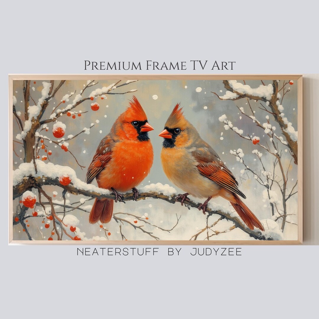Rustic Northern Cardinals Frame TV Art, Cozy Red Birds in Snowy ...