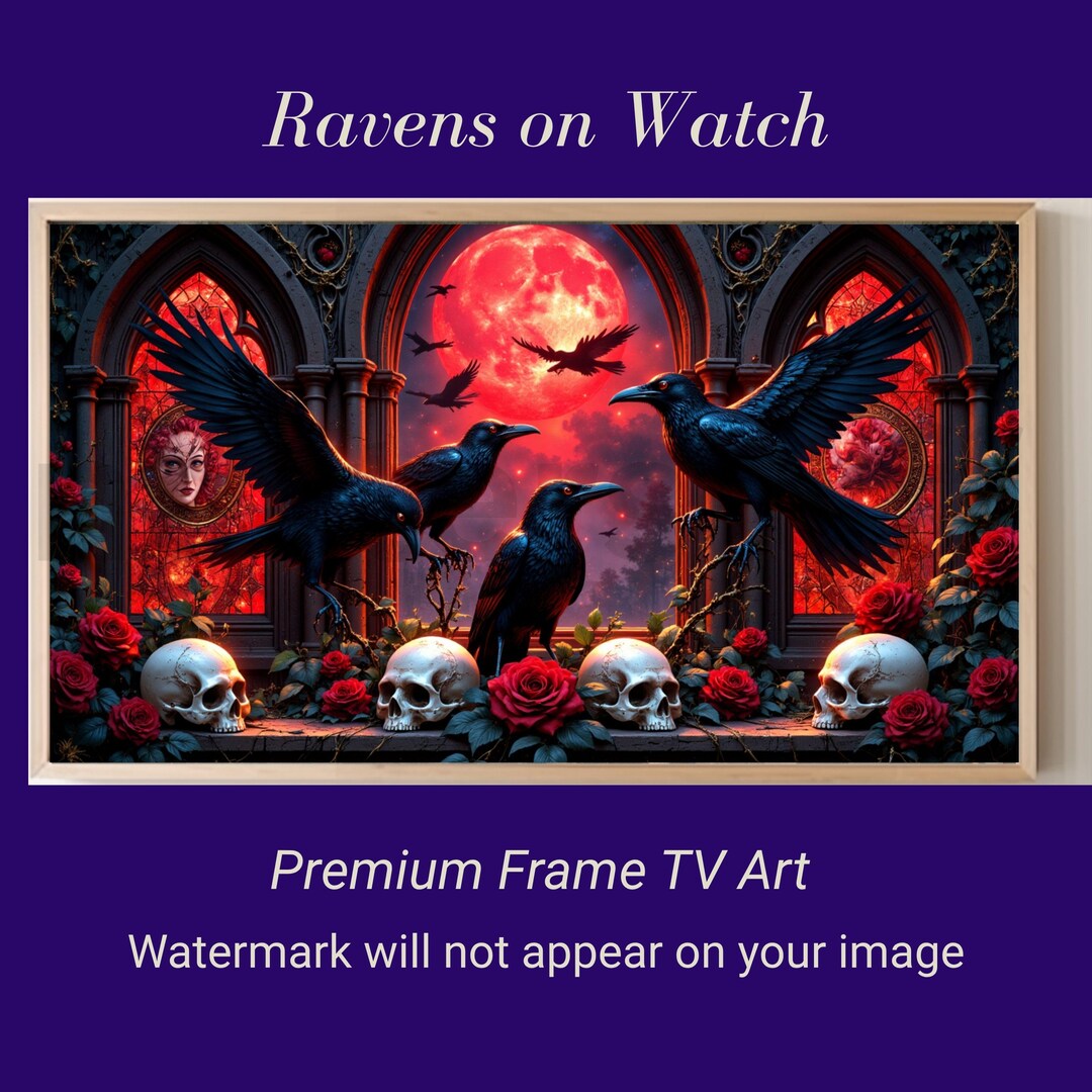 Gothic Raven Frame TV Art, Dark Fantasy Skull Wall Art, Red Moon ...