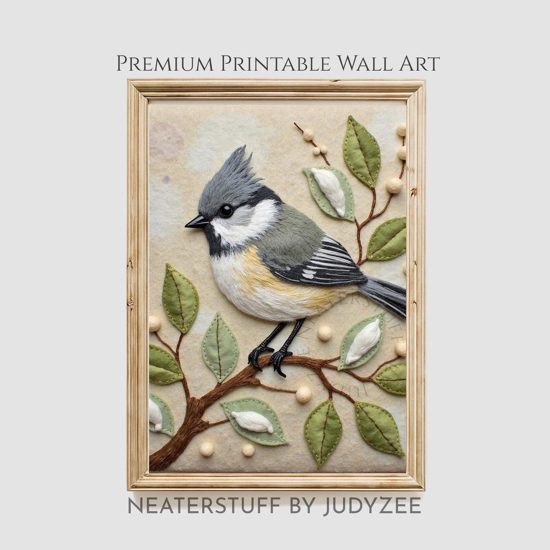Rustic Tufted Titmouse Felt Collage Wall Art, Cute Bird on Branch ...