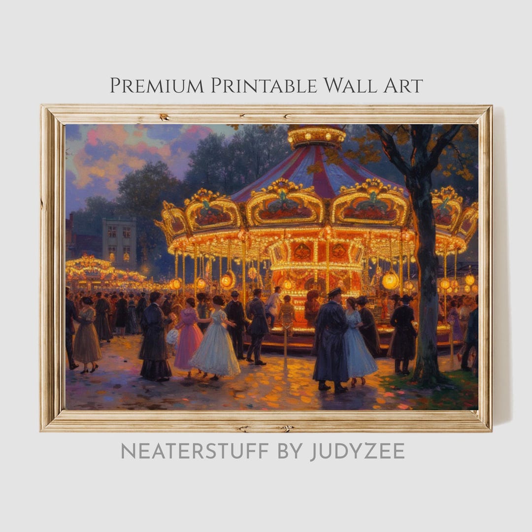 Vintage Carousel at Dusk Printable Wall Art, Festive Evening Scene ...