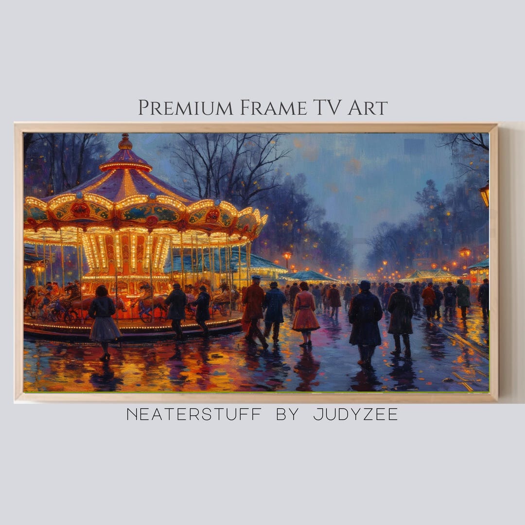 Vintage Carousel Winter Scene Frame TV Art, Festive Amusement Park ...